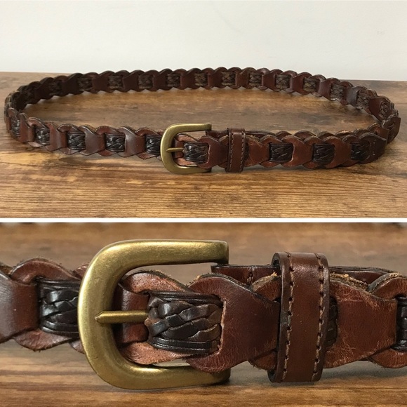 Vintage | Accessories | Vintage Brass Frame Buckle Woven Brown Leather ...